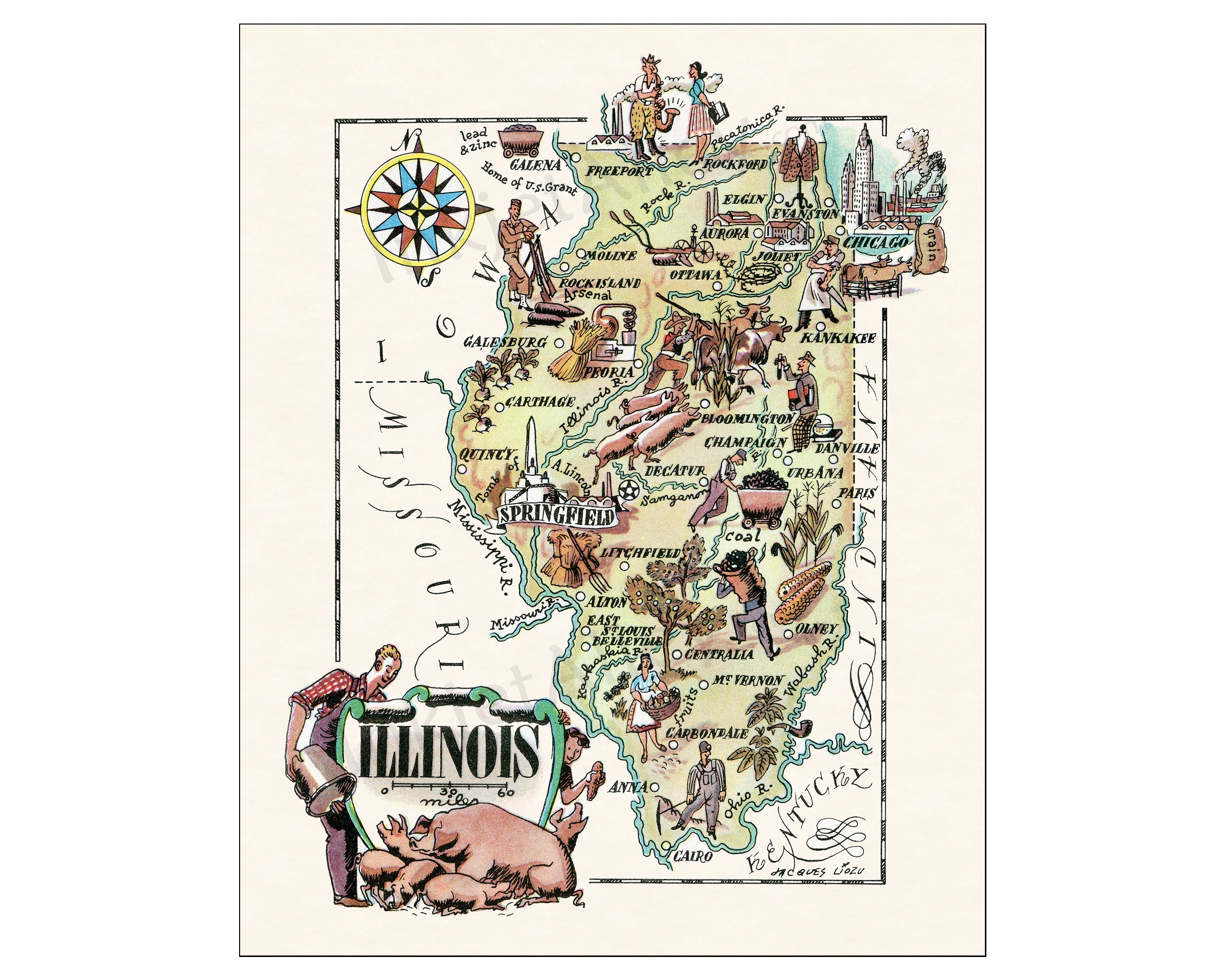 Fun State Map of Illinois – Digital Download PRINTABLE Vintage ...