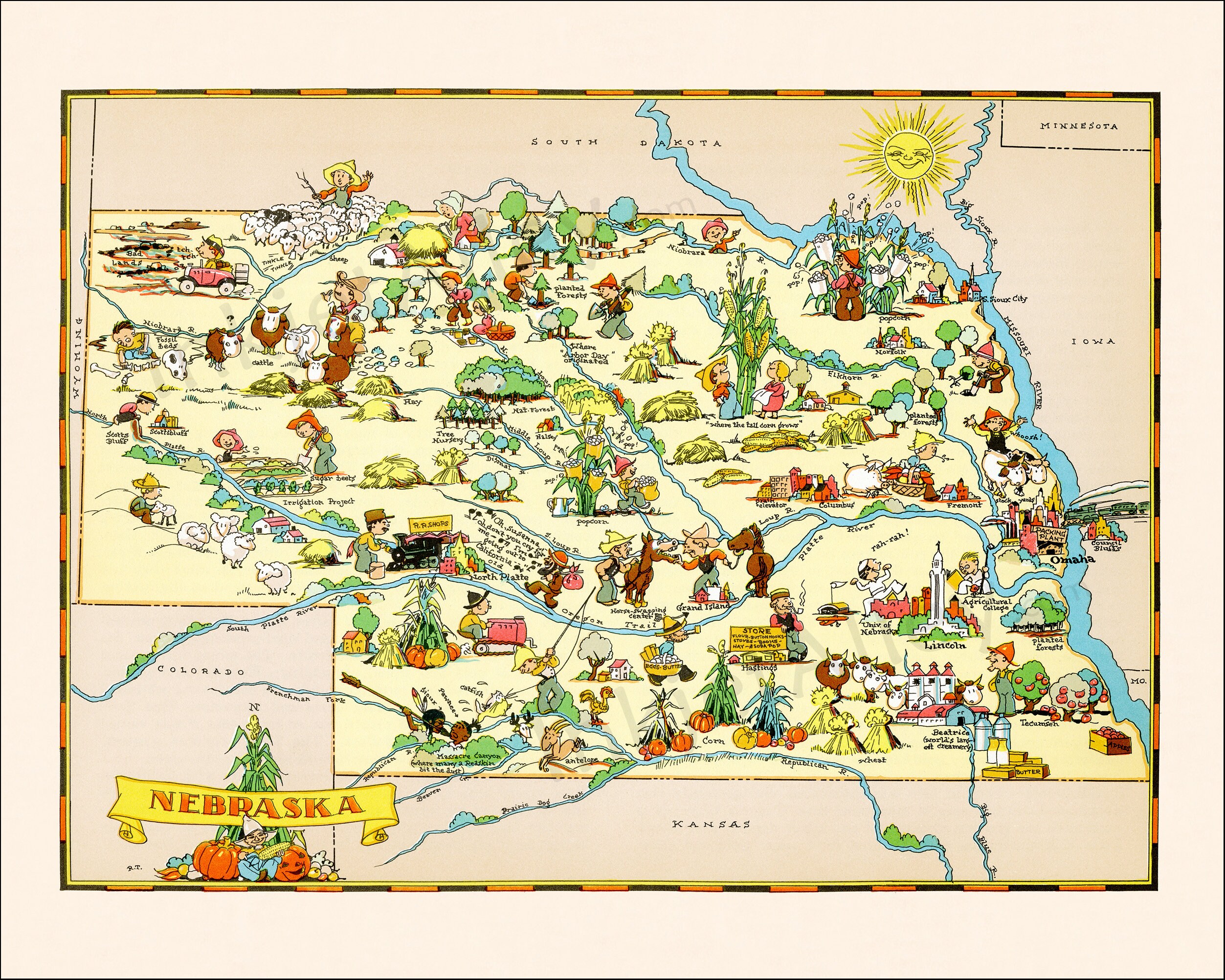 Fun State Map of Nebraska – Digital Download PRINTABLE Vintage ...