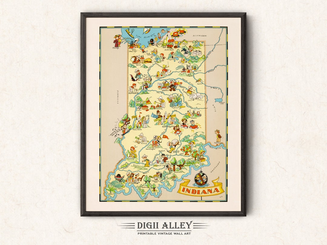 Fun State Map of Indiana – Digital Download PRINTABLE Vintage Pictorial ...