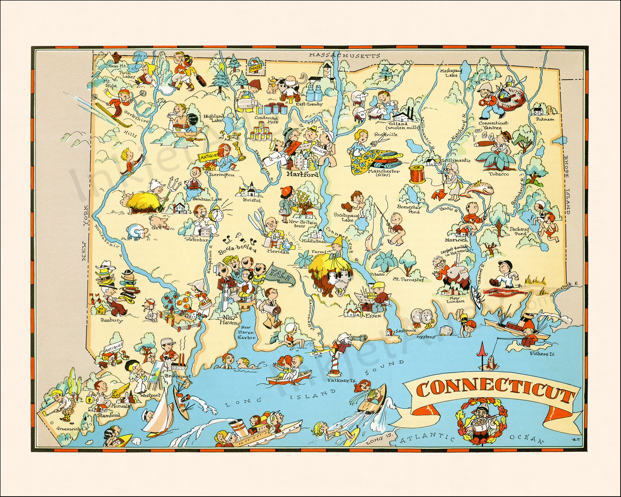 Fun State Map of Connecticut – Digital Download PRINTABLE Vintage ...