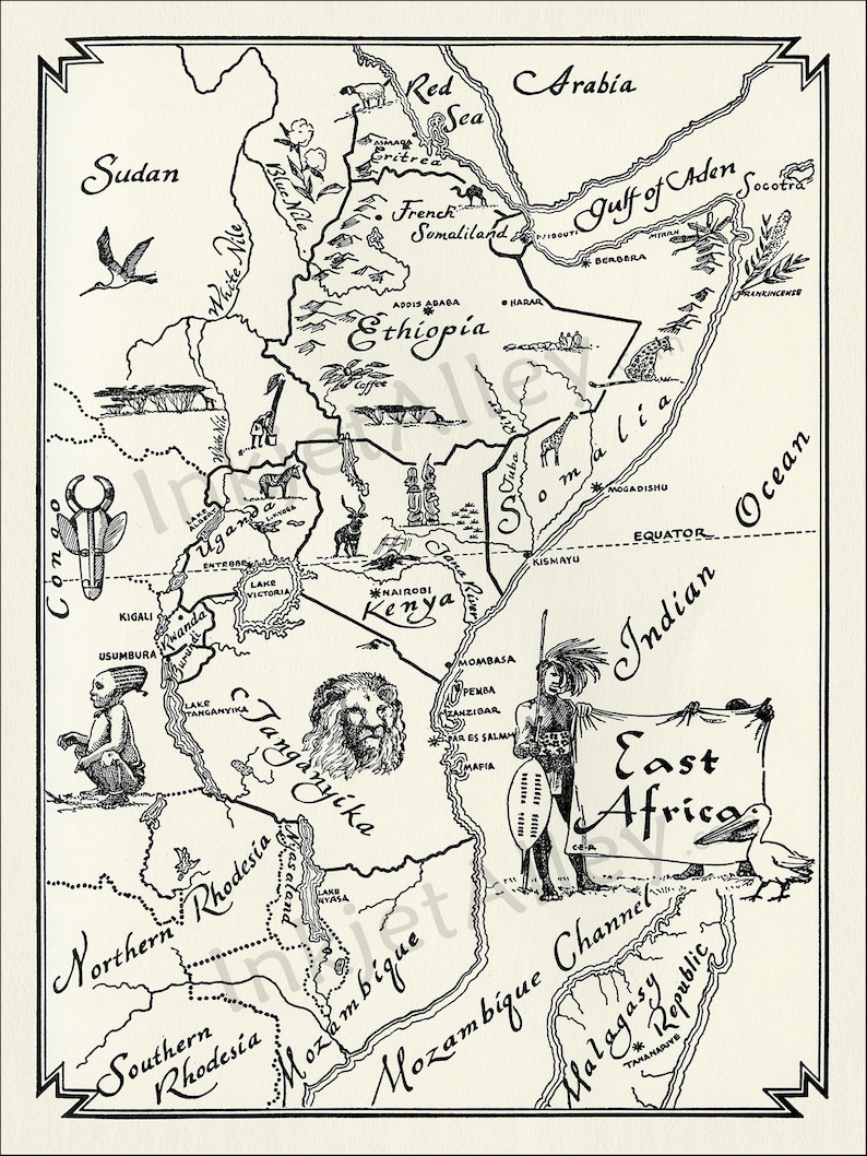 Map of East Africa Digital Download PRINTABLE Vintage Pictorial Fun ...