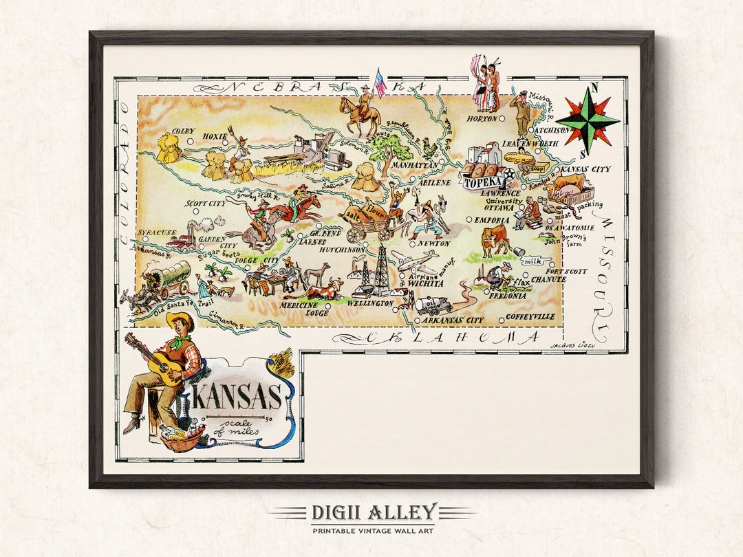 Fun State Map of Kansas – Digital Download PRINTABLE Vintage Pictorial ...
