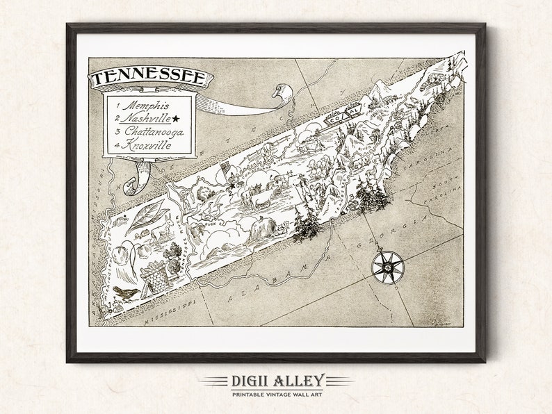 Pictorial State Map of Tennessee – Digital Download PRINTABLE Vintage ...