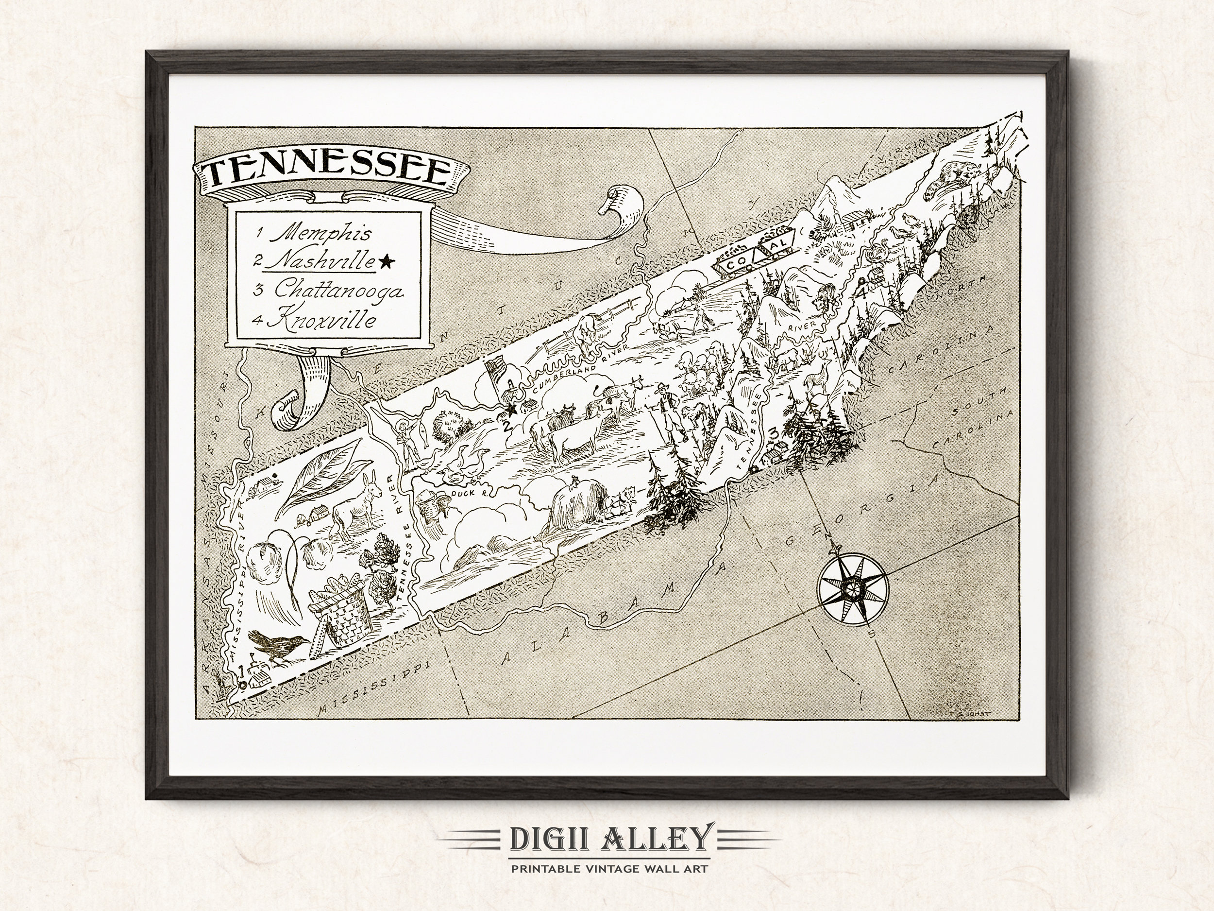 Pictorial State Map of Tennessee Digital Download PRINTABLE Vintage Fun ...