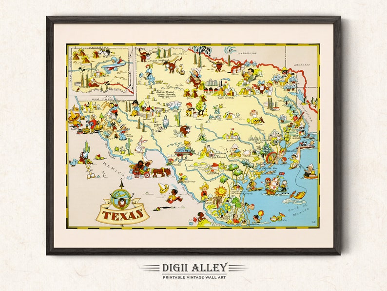 Fun State Map of Texas – Digital Download PRINTABLE Vintage Pictorial ...