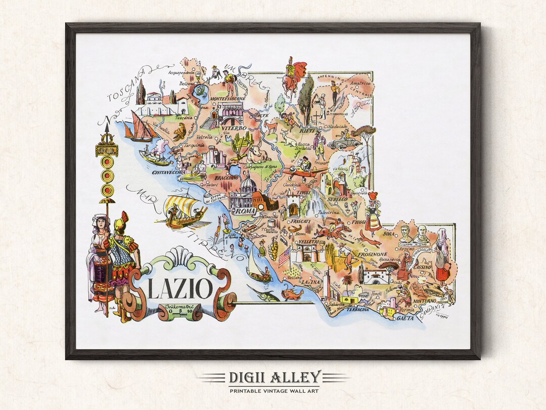 Fun Map of Italy Lazio – Digital Download PRINTABLE Vintage Pictorial ...