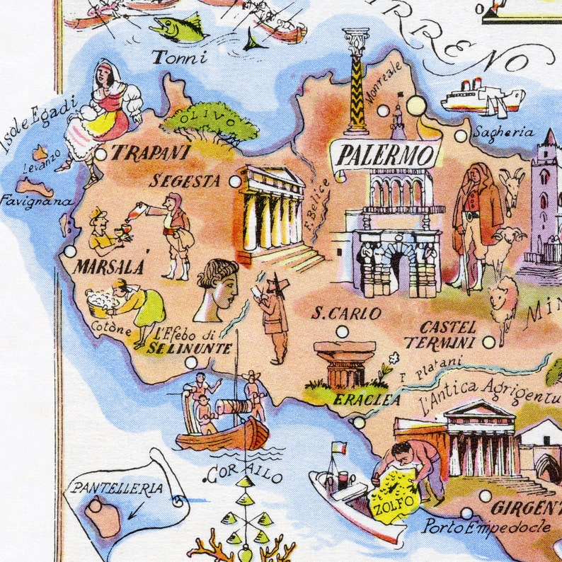 Fun Map of Italy Sicily - Sicilia – Digital Download PRINTABLE Vintage ...