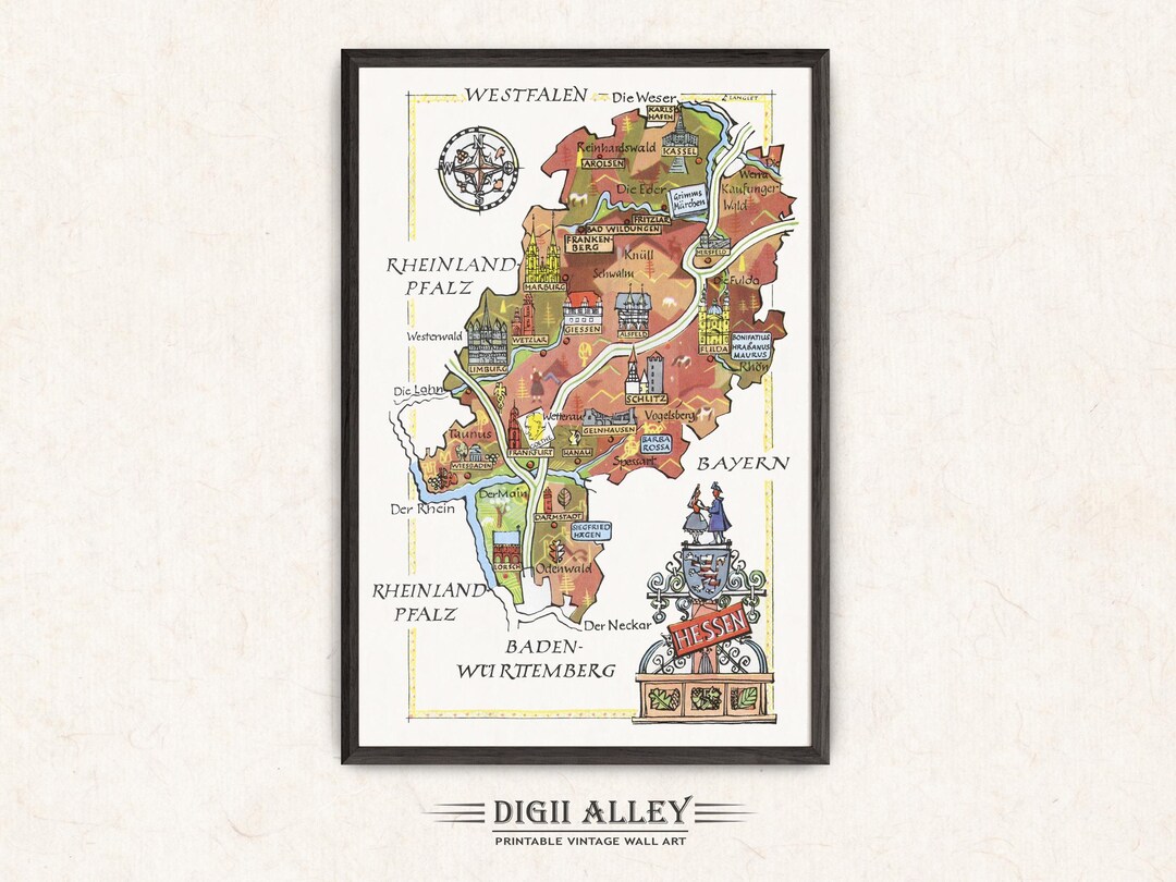 Fun Map of Hessen in Germany, Deutschland, DE – Digital Download ...