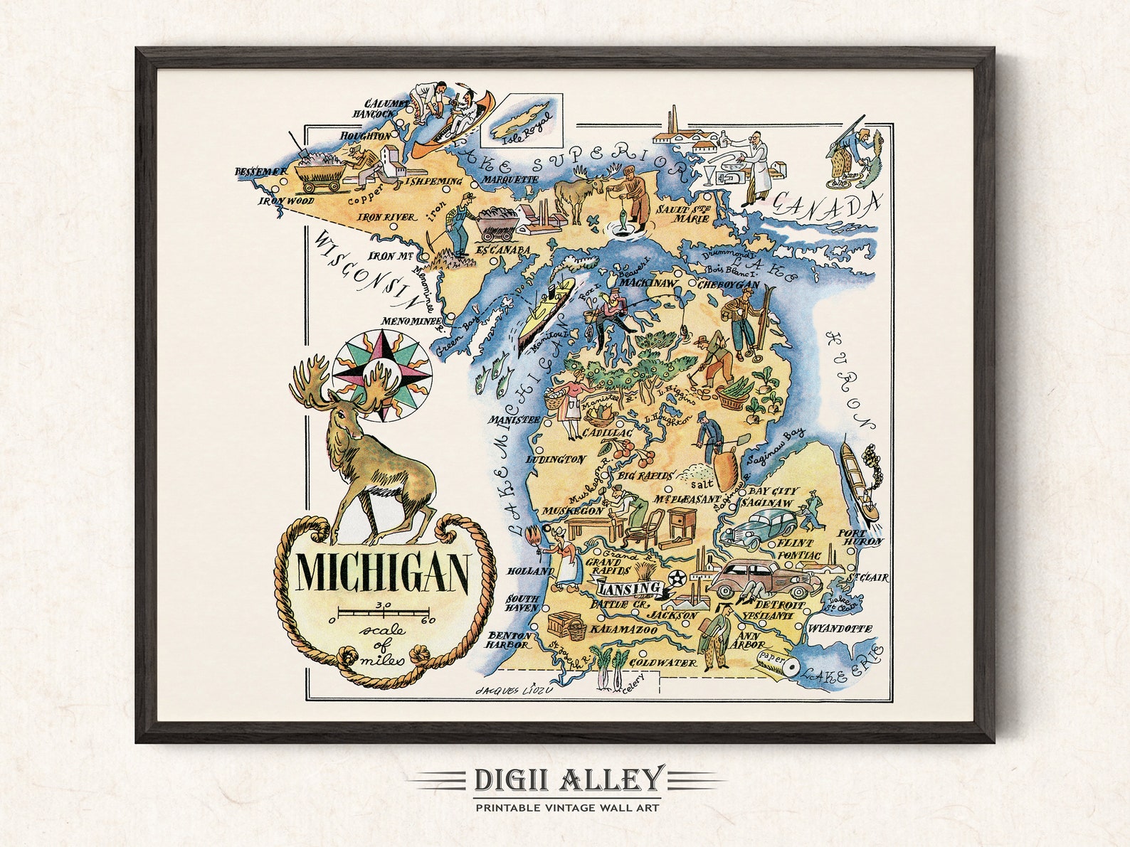 Fun State Map of Michigan – Digital Download PRINTABLE Vintage ...