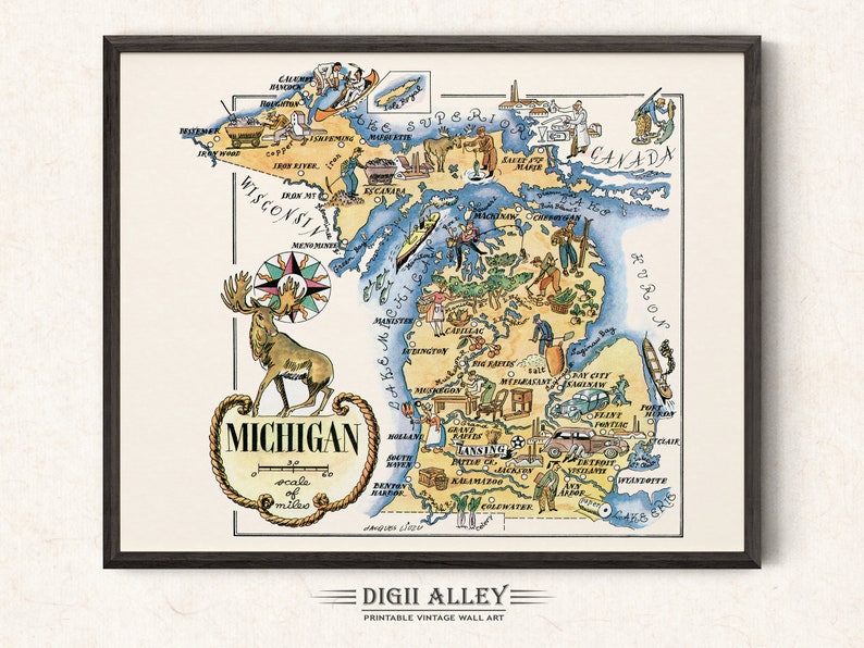 Fun State Map of Michigan – Digital Download PRINTABLE Vintage ...