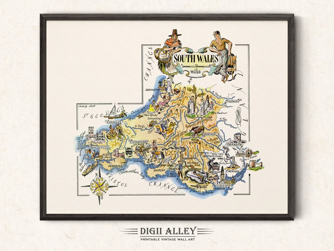 Fun Map of South Wales in Great Britain, England, UK – Digital Download ...