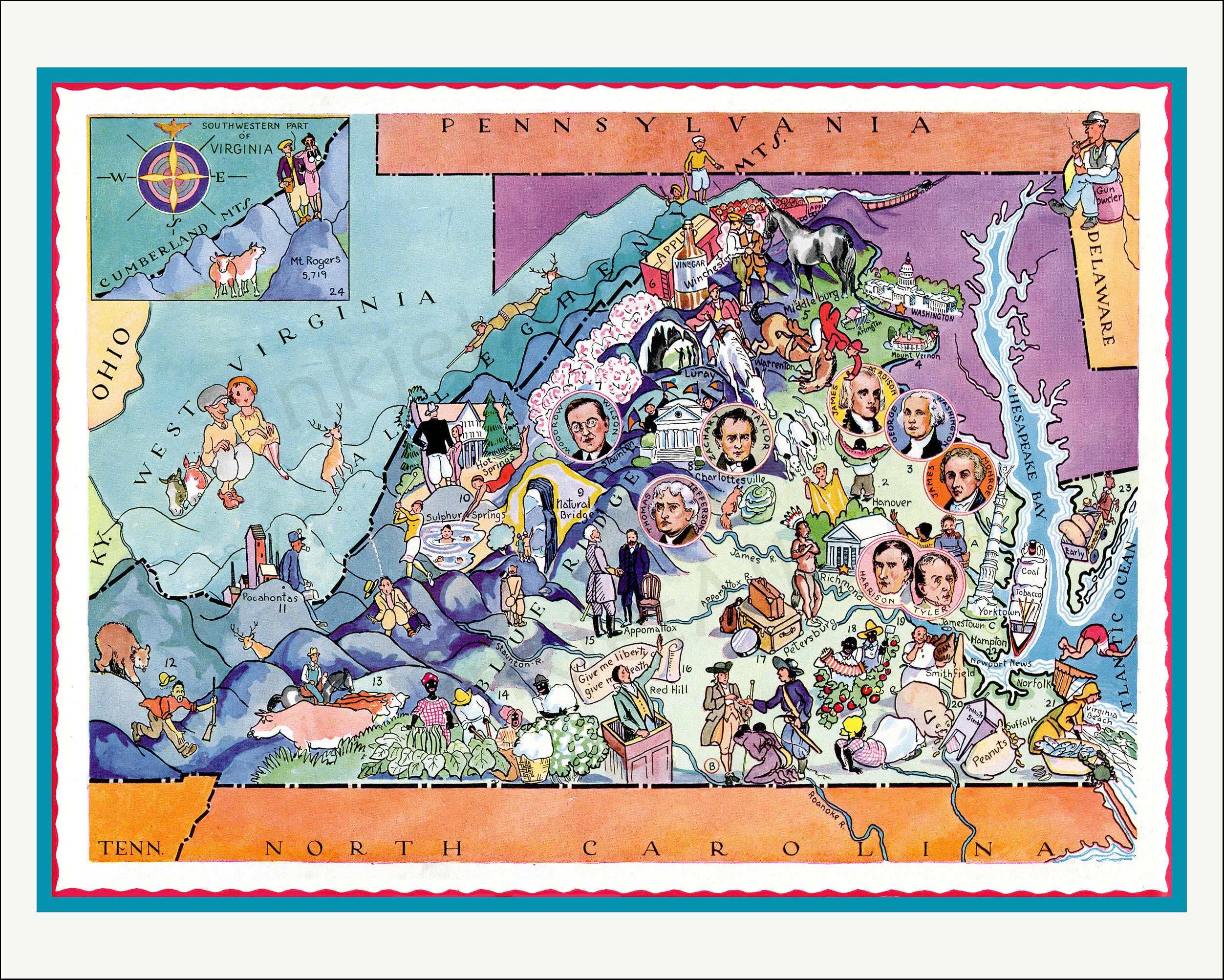 Fun State Map of Virginia – Digital Download PRINTABLE Vintage ...
