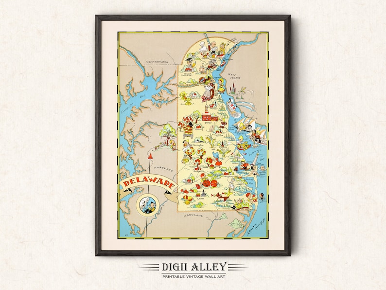 Fun State Map of Delaware – Digital Download PRINTABLE Vintage ...