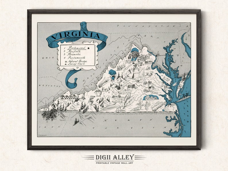 Pictorial Map of Virginia – Digital Download PRINTABLE Vintage Fun Old ...