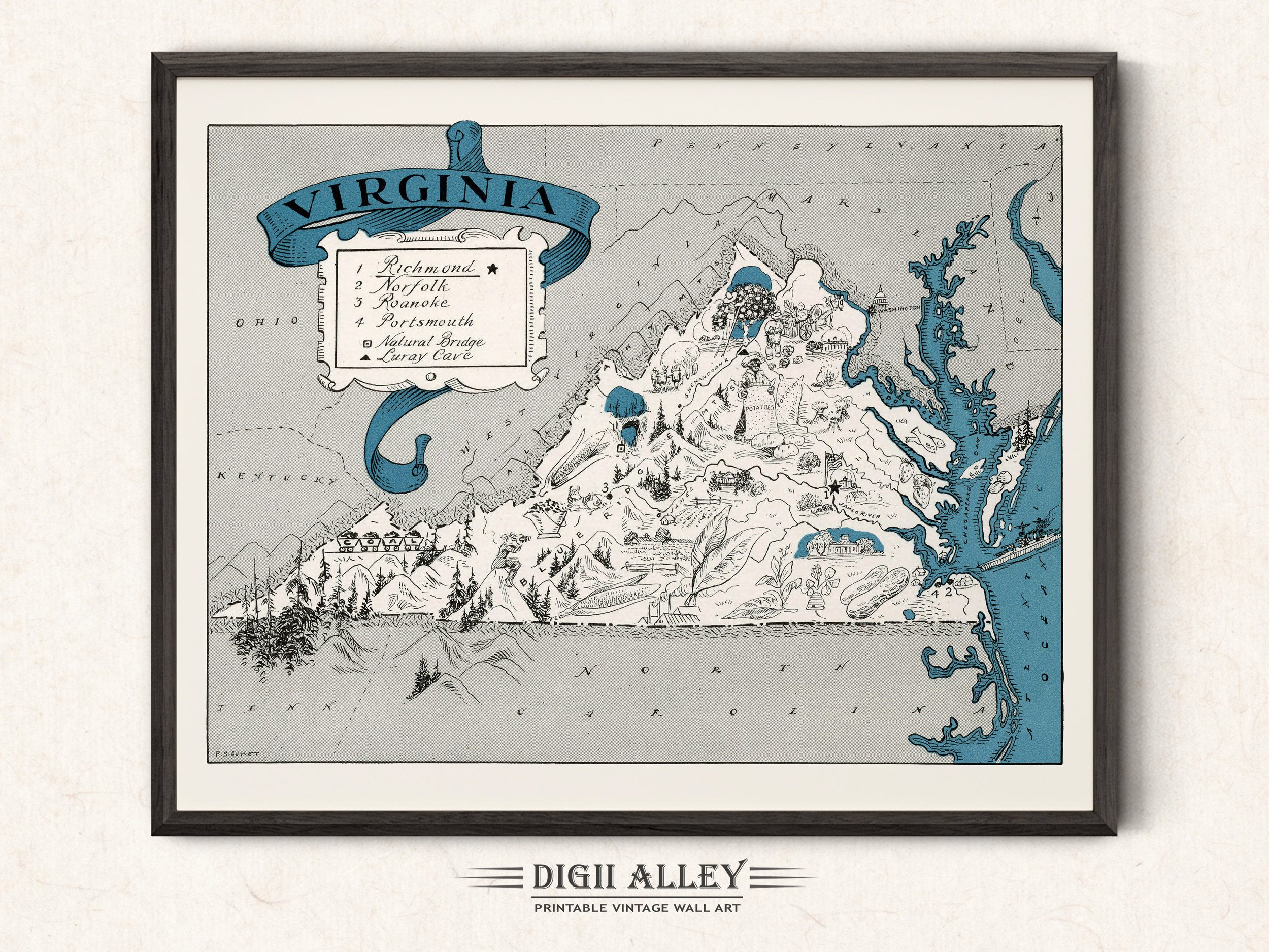 Pictorial Map of Virginia – Digital Download PRINTABLE Vintage Fun Old ...