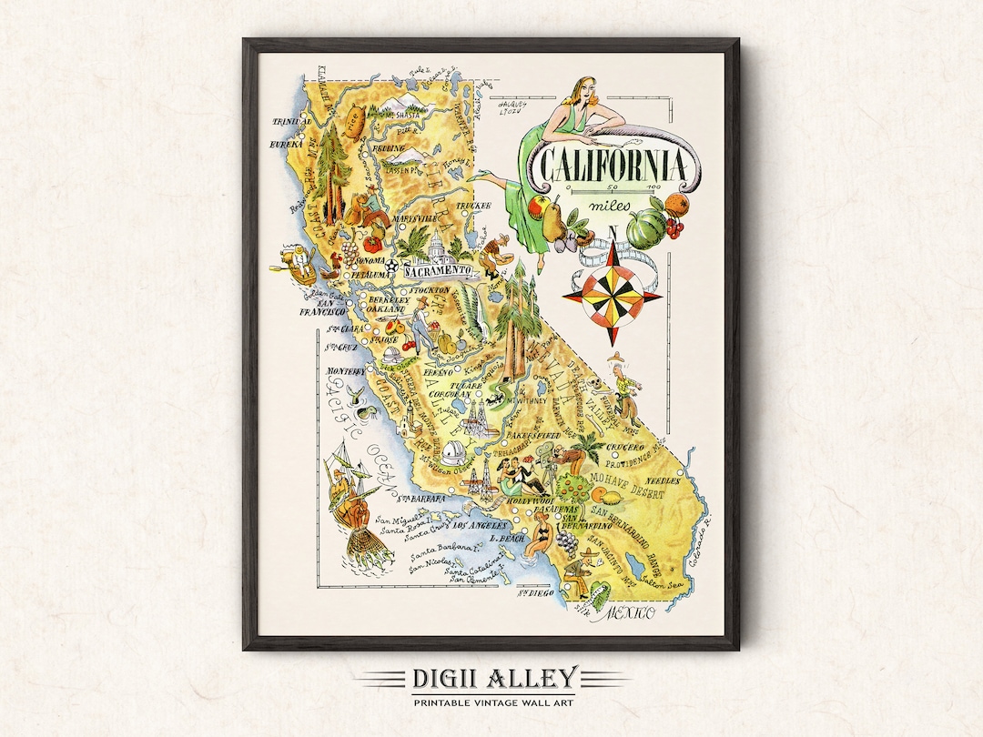 Fun State Map of California – Digital Download PRINTABLE Vintage ...