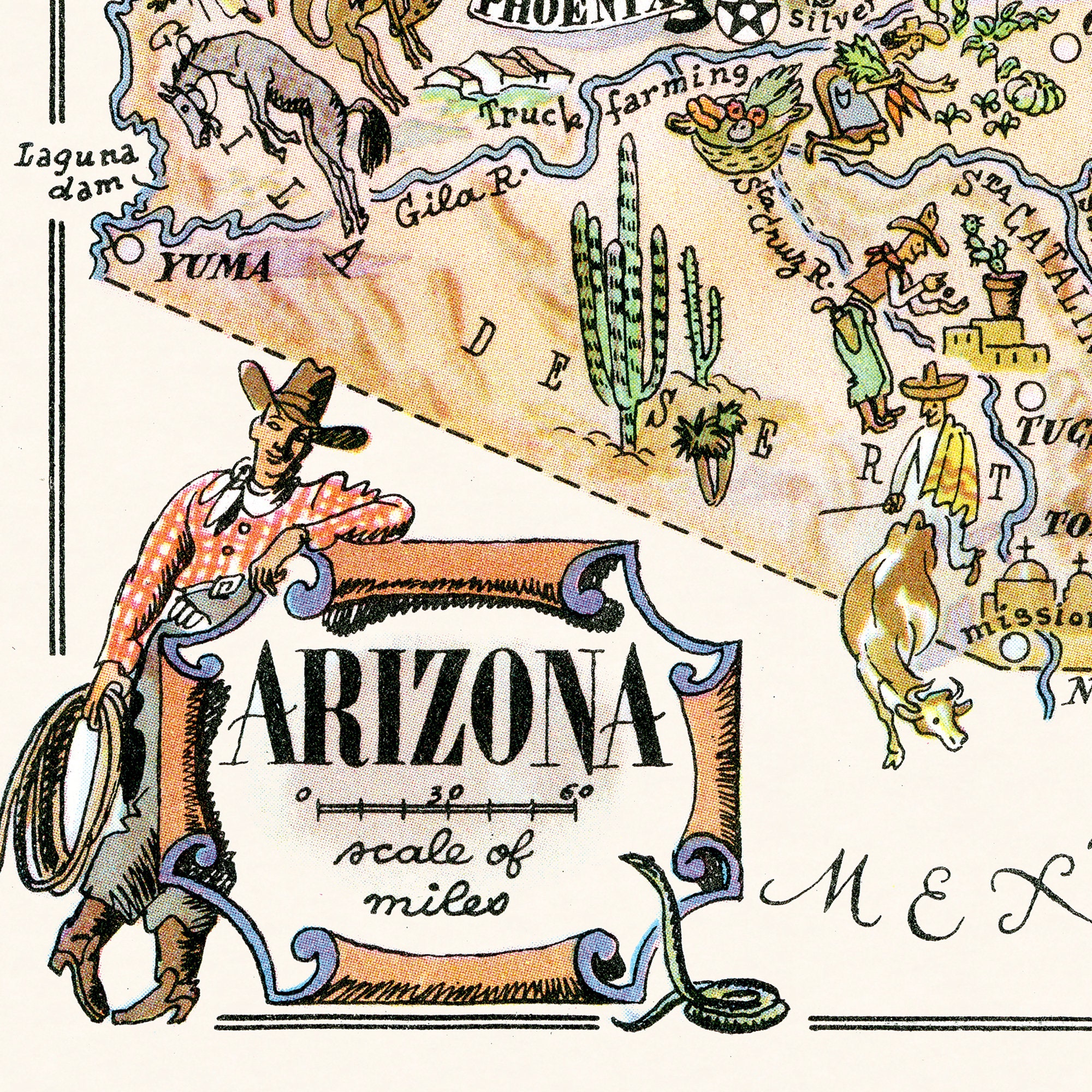 Fun State Map of Arizona – Digital Download PRINTABLE Vintage Pictorial ...