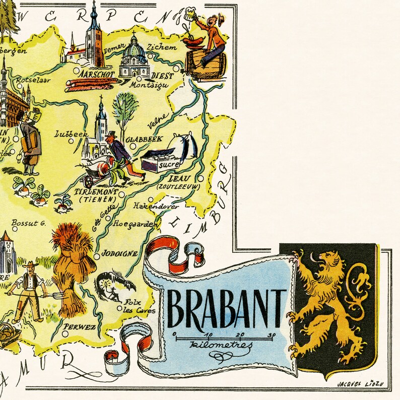 Fun Map of Brabant, Belgium – Digital Download PRINTABLE Vintage Wall ...