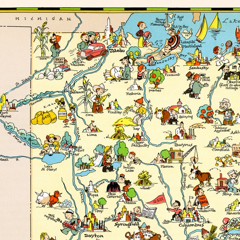 Fun State Map of Ohio – Digital Download PRINTABLE Vintage Pictorial ...