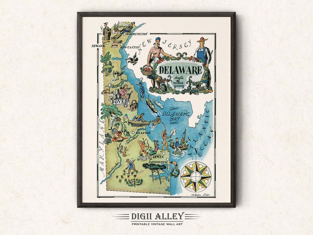 Fun State Map of Delaware – Digital Download PRINTABLE Vintage ...