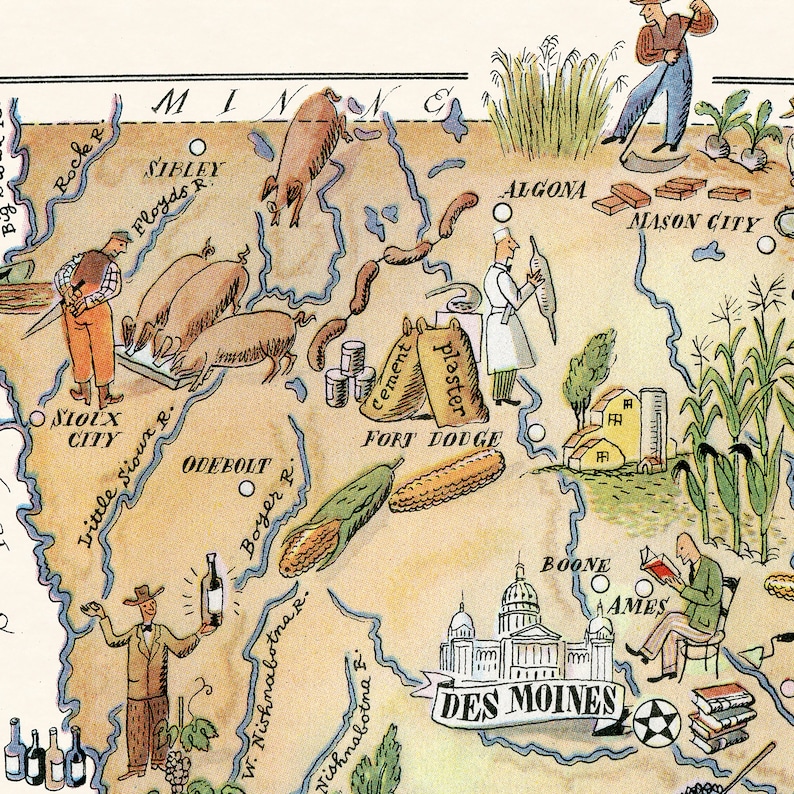 Fun State Map of Iowa – Digital Download PRINTABLE Vintage Pictorial ...