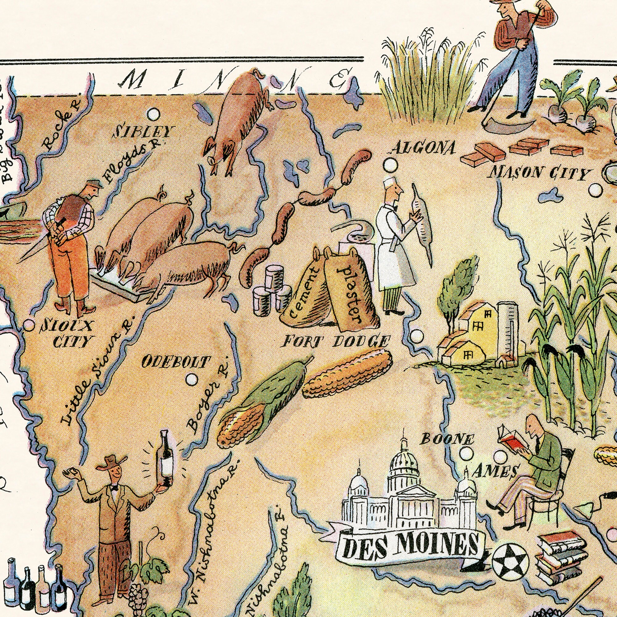 Fun State Map of Iowa – Digital Download PRINTABLE Vintage Pictorial ...