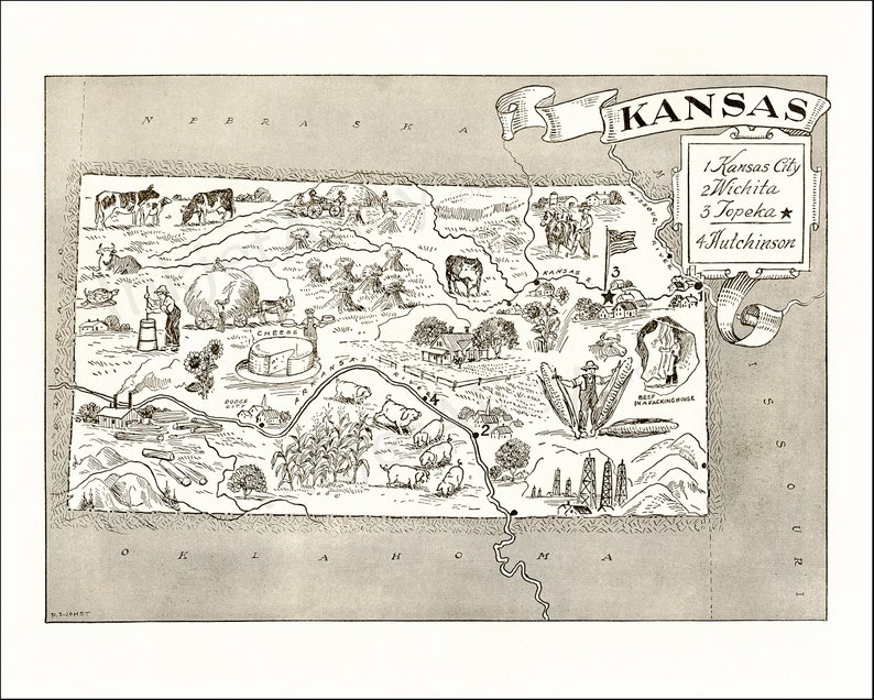 Pictorial State Map of Kansas – Digital Download PRINTABLE Vintage Fun ...