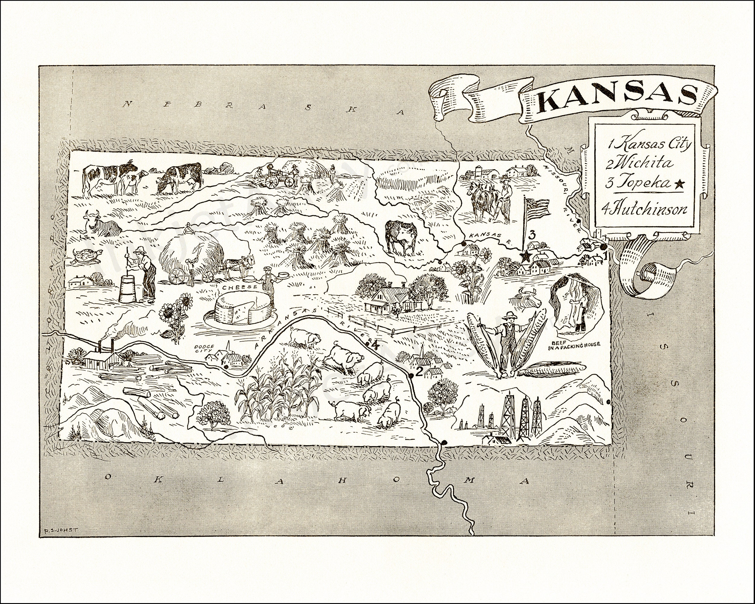 Pictorial State Map of Kansas Digital Download PRINTABLE Vintage Fun ...
