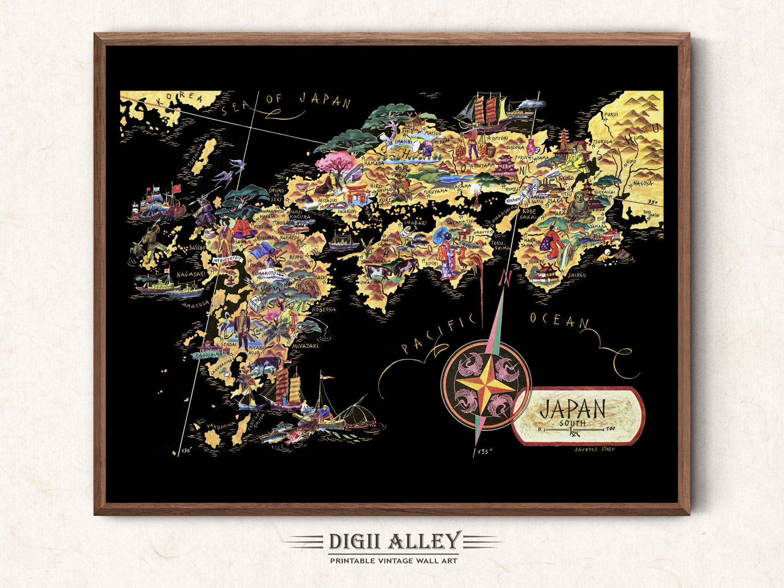 Fun Map of South Japan - East Asia Digital Download PRINTABLE Vintage ...