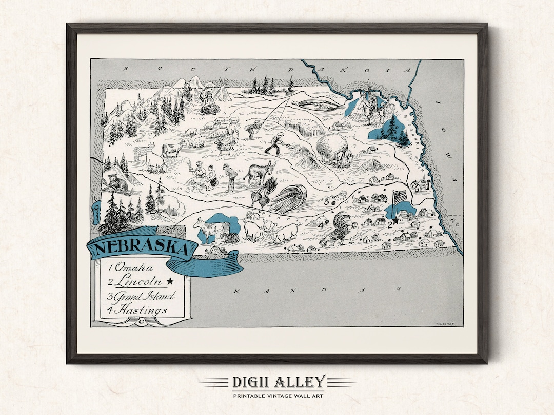 Pictorial Map of Nebraska – Digital Download PRINTABLE Vintage Fun Old ...