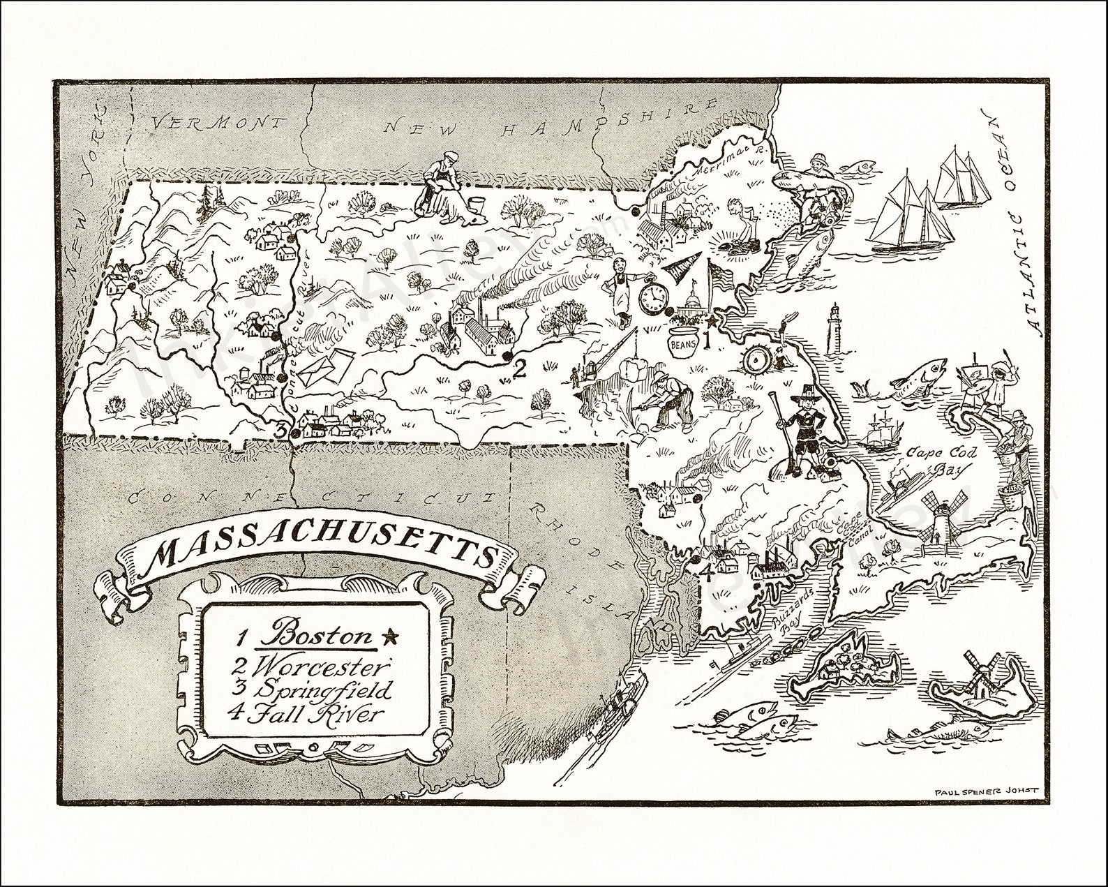 Pictorial State Map of Massachusetts – Digital Download PRINTABLE ...