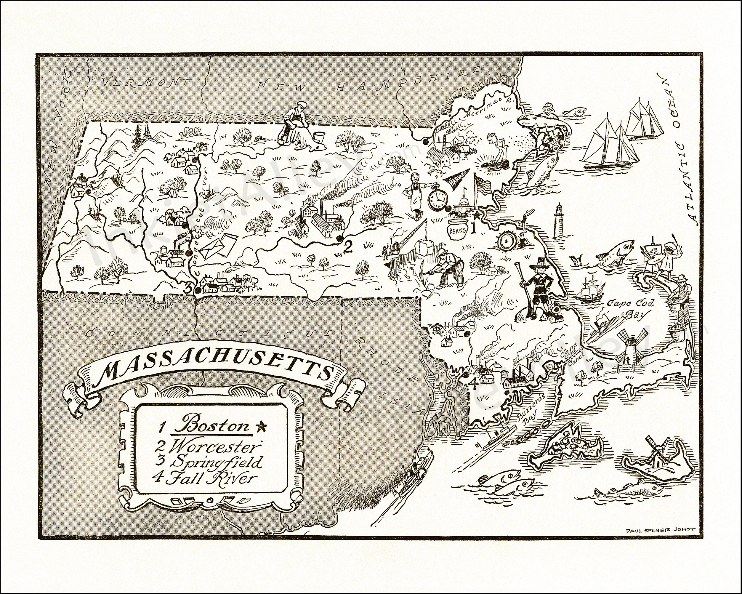 Pictorial State Map of Massachusetts – Digital Download PRINTABLE ...