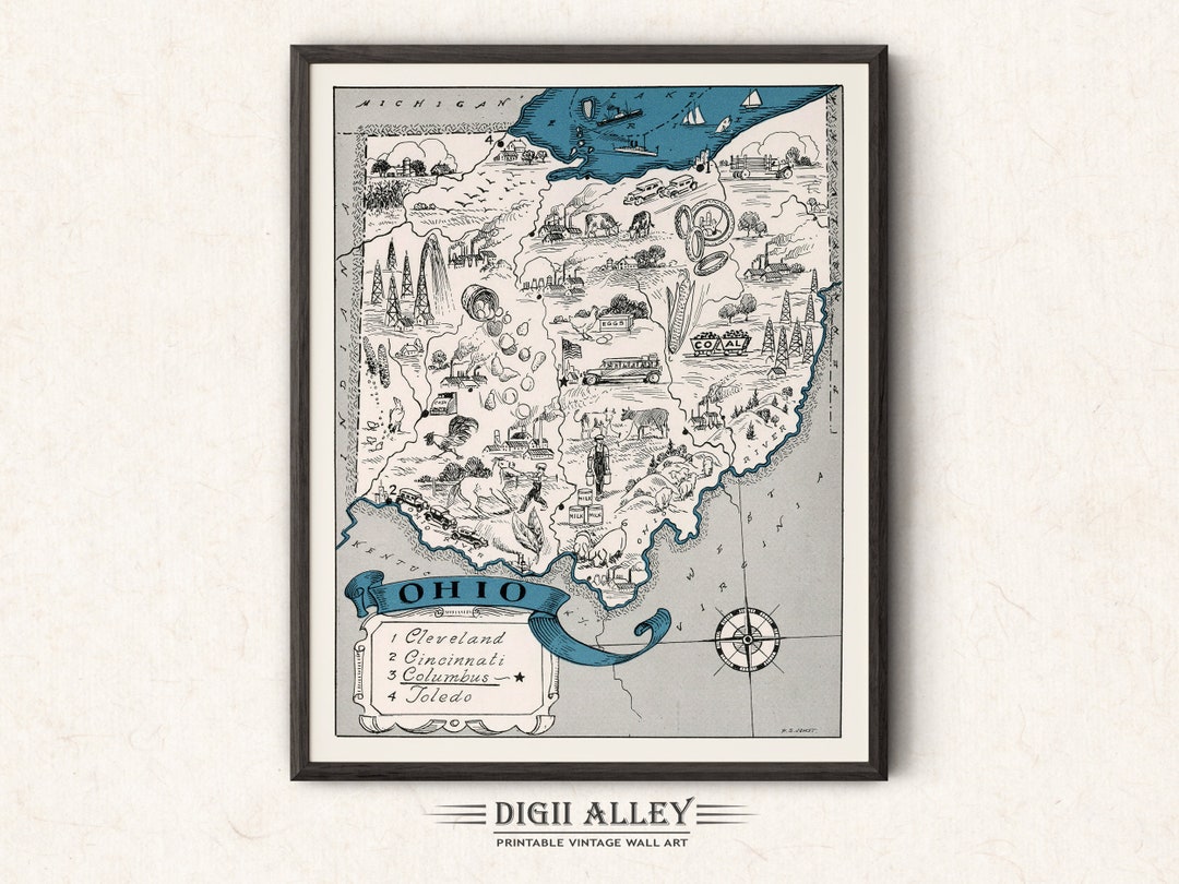Pictorial Map of Ohio – Digital Download PRINTABLE Vintage Fun Old Wall ...