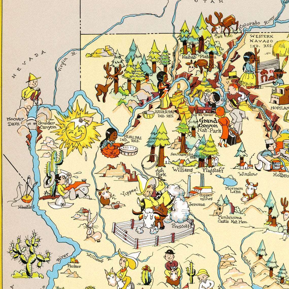 Fun State Map of Arizona Digital Download PRINTABLE Vintage Pictorial ...
