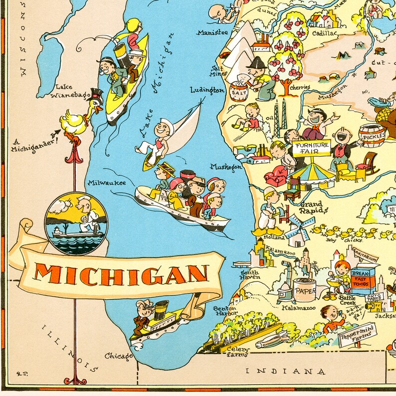Fun State Map of Michigan – Digital Download PRINTABLE Vintage ...