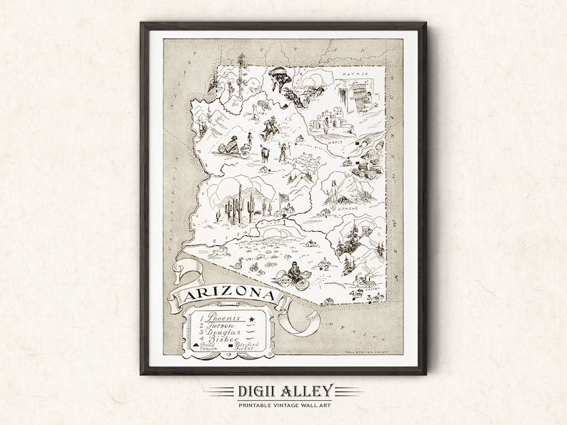 Pictorial State Map of Arizona Digital Download PRINTABLE Vintage Fun ...