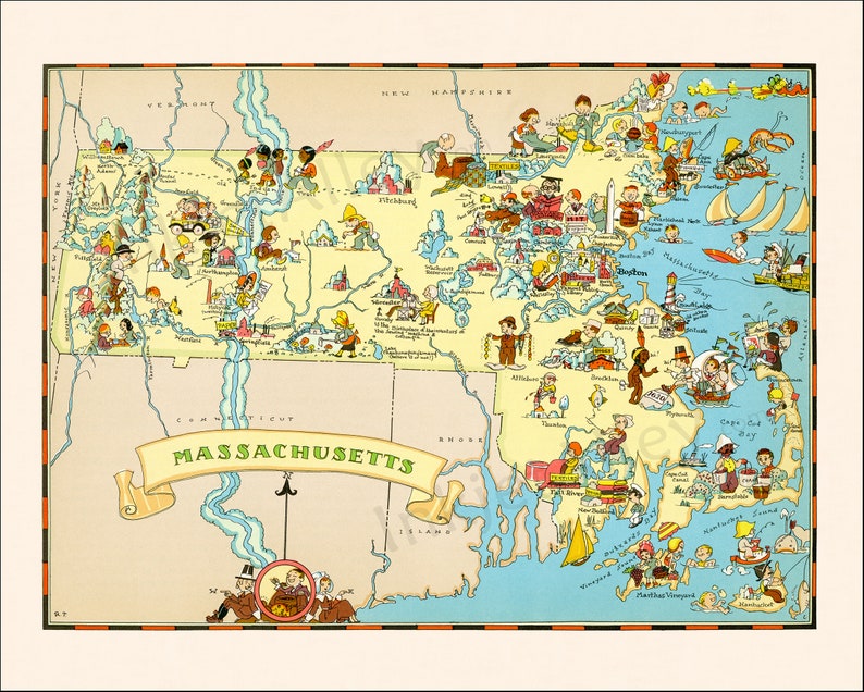 Fun State Map of Massachusetts – Digital Download PRINTABLE Vintage ...