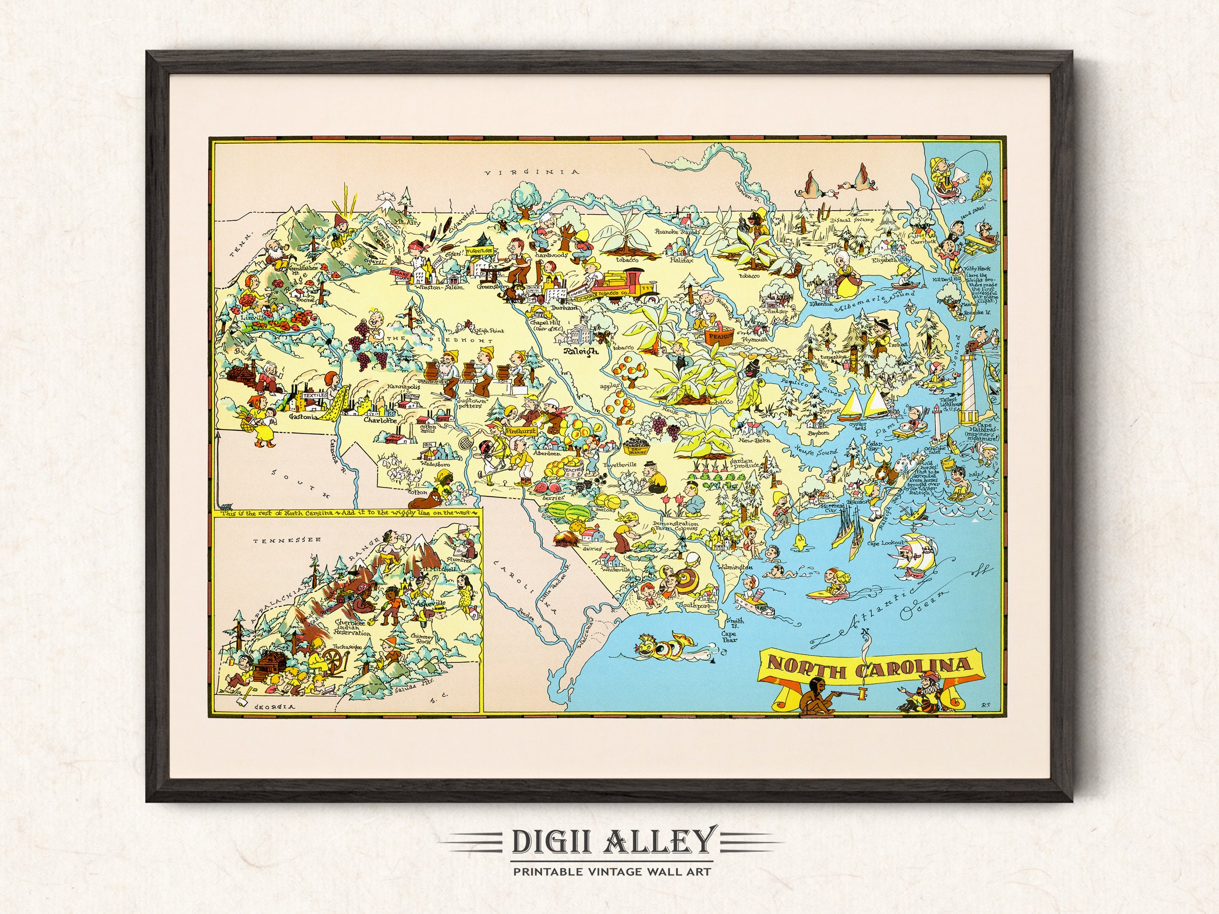 Fun State Map of North Carolina – Digital Download PRINTABLE Vintage ...