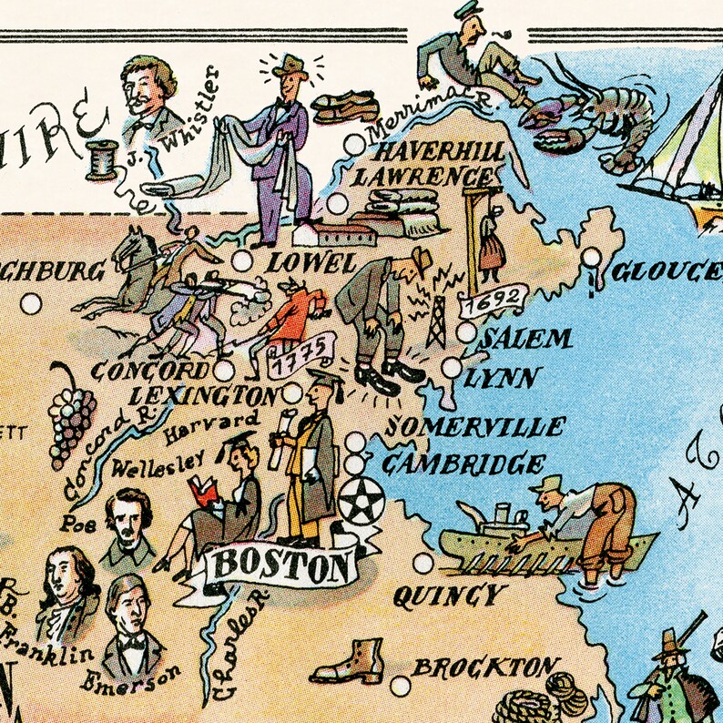 Fun State Map of Massachusetts – Digital Download PRINTABLE Vintage ...