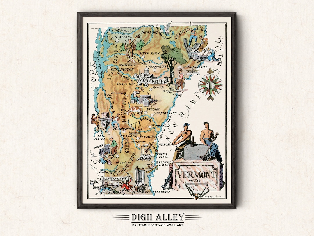 Fun State Map of Vermont – Digital Download PRINTABLE Vintage Pictorial ...