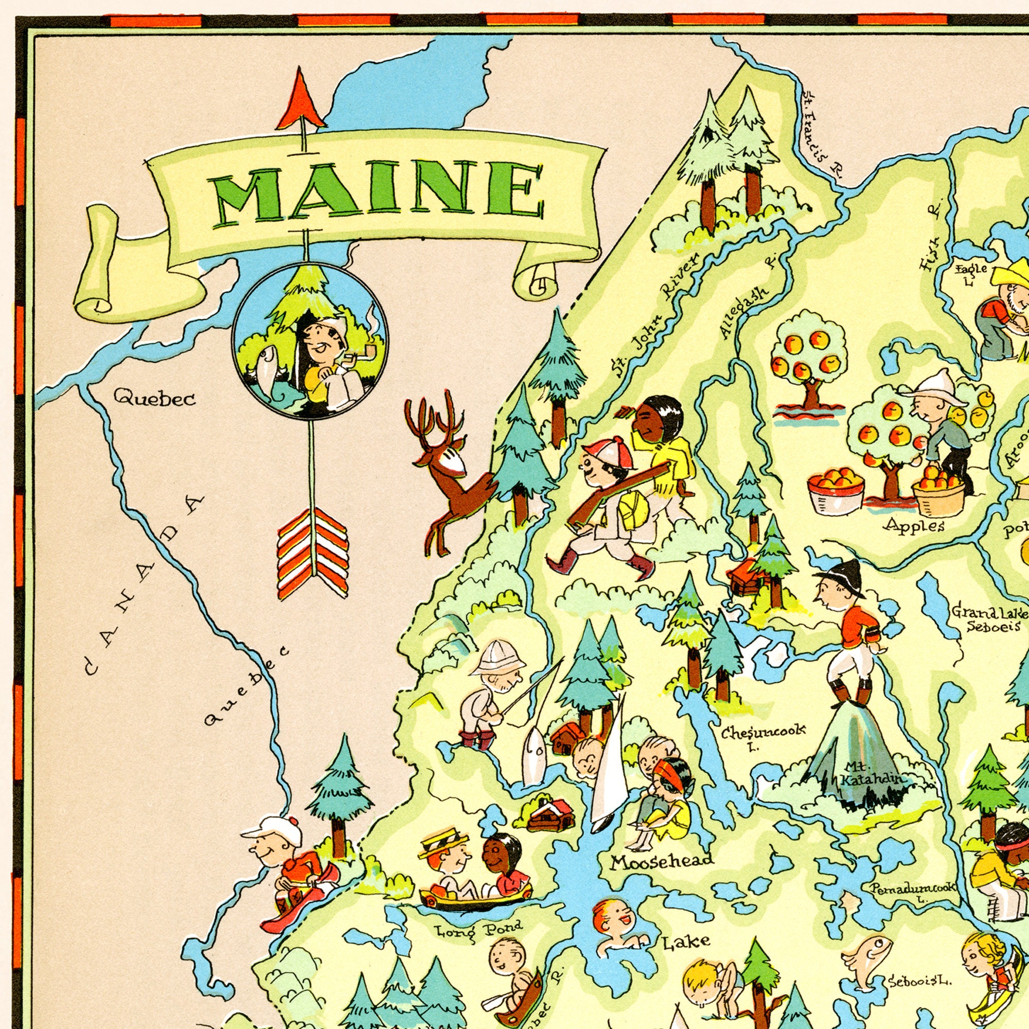 Fun State Map of Maine Digital Download PRINTABLE Vintage Pictorial Old ...