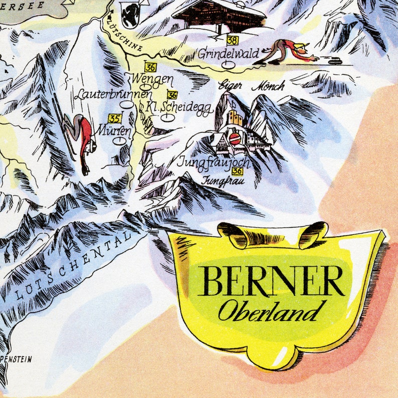 Fun Ski Trail Map of Berner Oberland in Switzerland – Digital Download ...