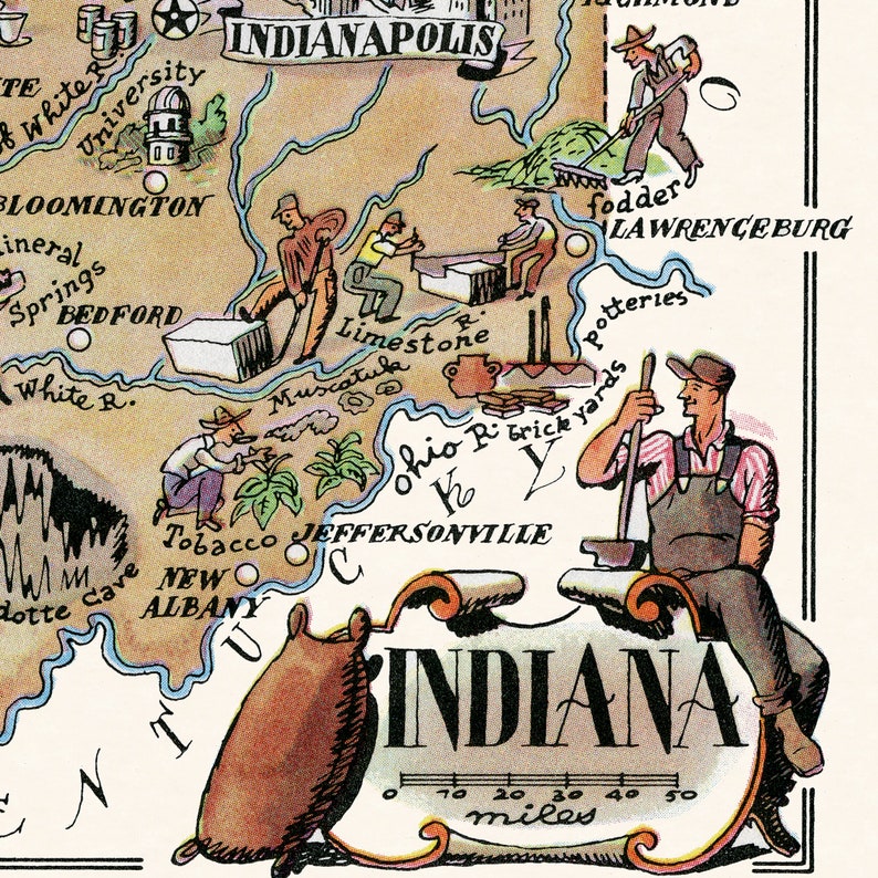 Fun State Map of Indiana – Digital Download PRINTABLE Vintage Pictorial ...