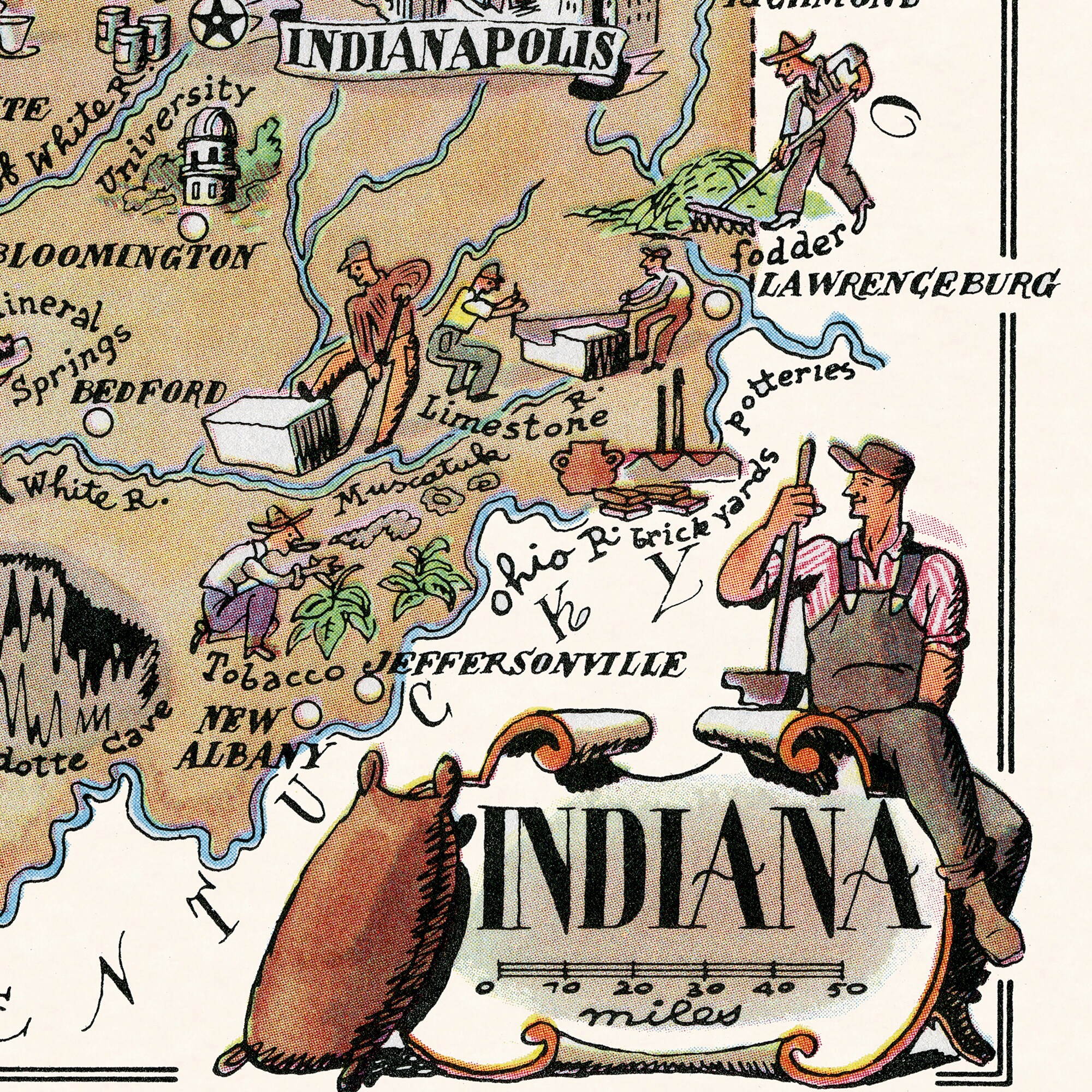 Fun State Map of Indiana – Digital Download PRINTABLE Vintage Pictorial ...