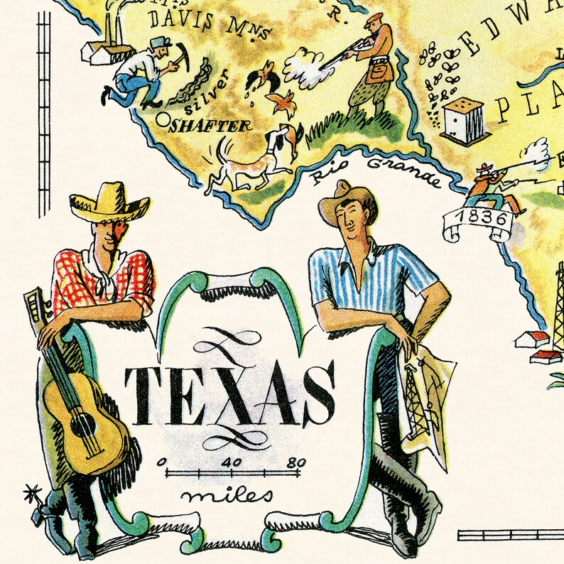 Fun State Map of Texas – Digital Download PRINTABLE Vintage Pictorial ...