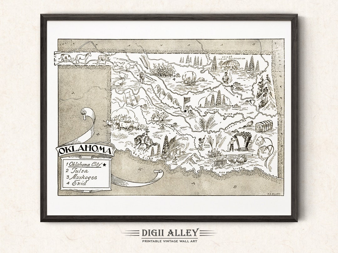 Pictorial State Map of Oklahoma – Digital Download PRINTABLE Vintage ...