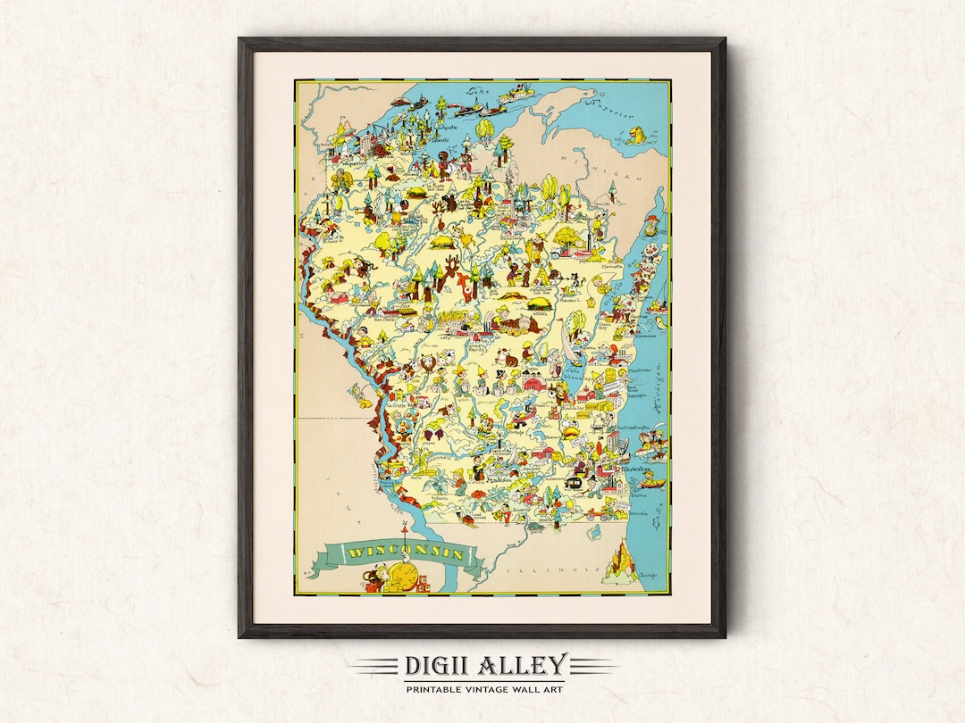 Fun State Map of Wisconsin – Digital Download PRINTABLE Vintage ...