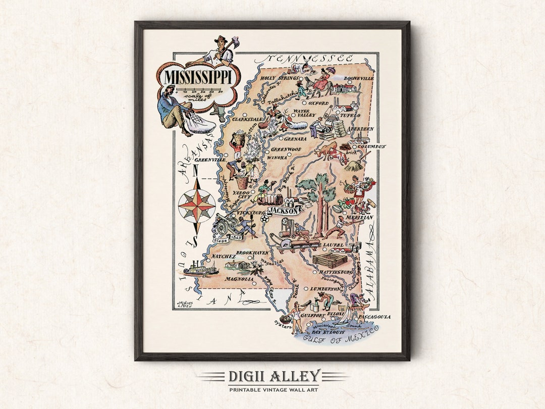 Fun State Map of Mississippi – Digital Download PRINTABLE Vintage ...
