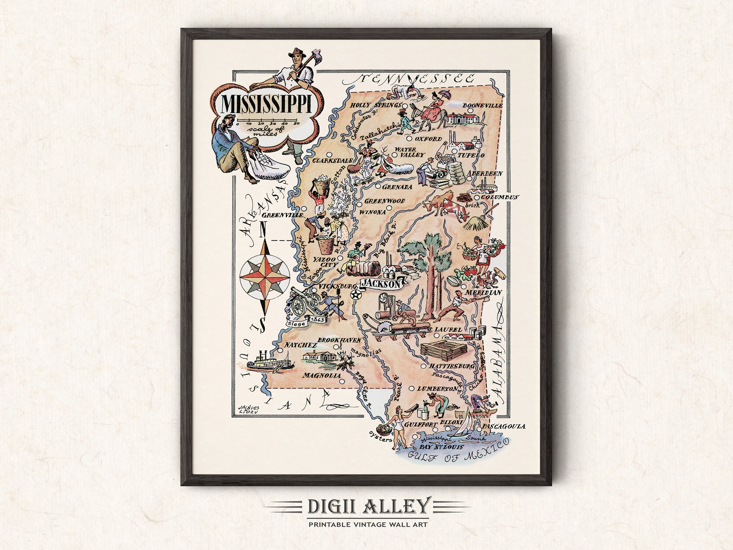 Fun State Map of Mississippi – Digital Download PRINTABLE Vintage ...