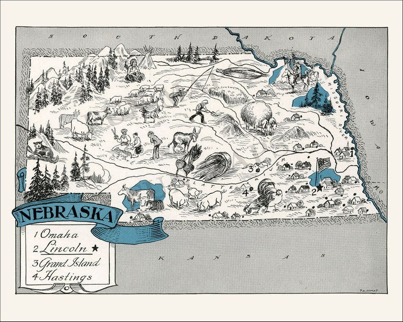Pictorial Map of Nebraska – Digital Download PRINTABLE Vintage Fun Old ...
